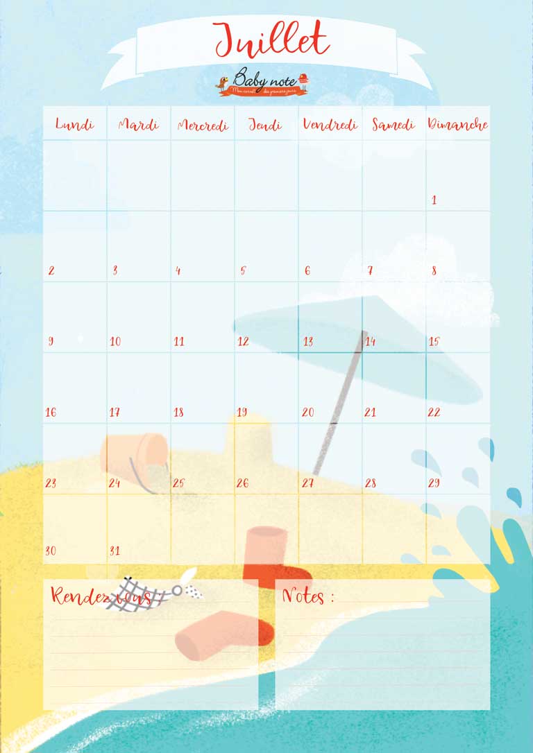Calendrier de juillet à télécharger | Baby note